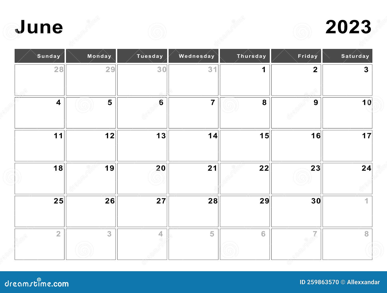 June 2023 Calendar, Week Start Sunday Stock Photo - Image of layout ...