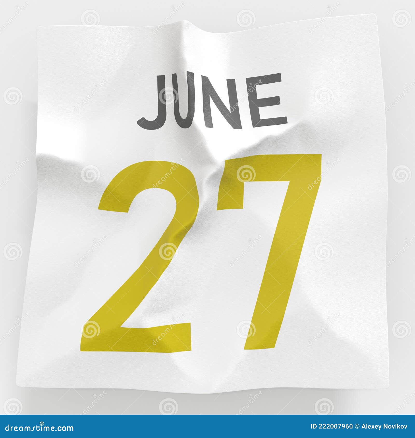 June 27 Date on Crumpled Paper Page of a Calendar, 3d Rendering Stock ...