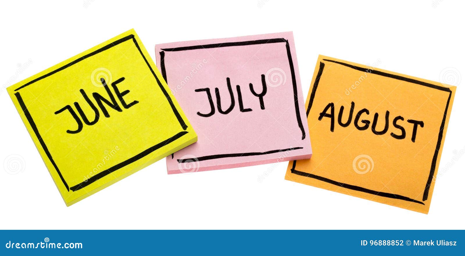 June, July and August on Sticky Notes Stock Photo - Image of message ...