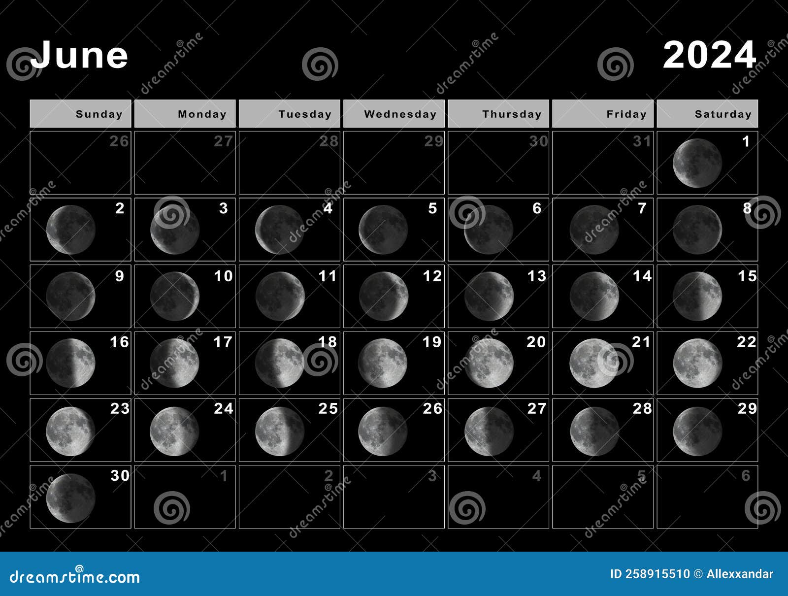 June 2024 Lunar Calendar, Moon Cycles Stock Illustration - Illustration ...
