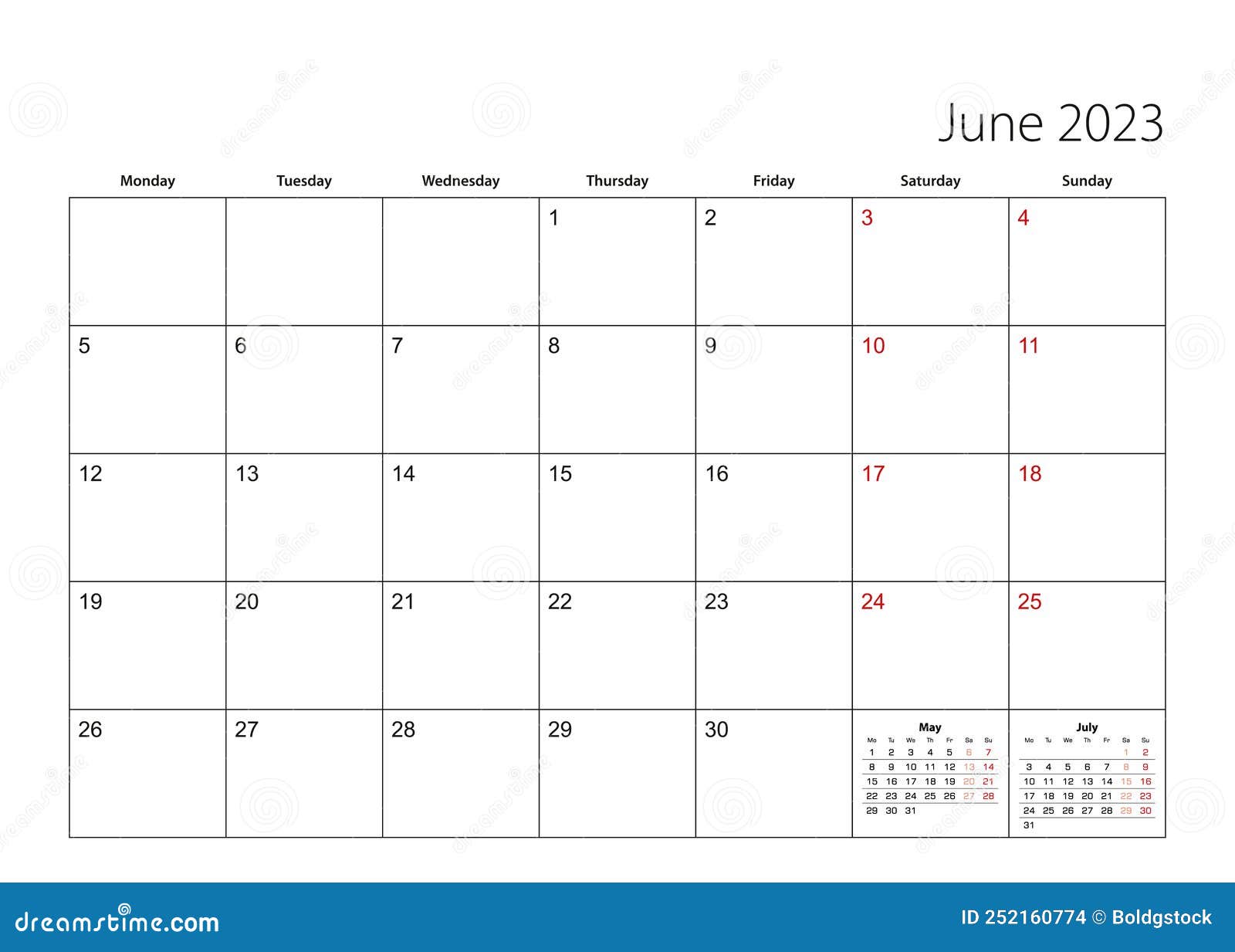 June 2023 Simple Calendar Planner, Week Starts from Monday Stock Vector ...