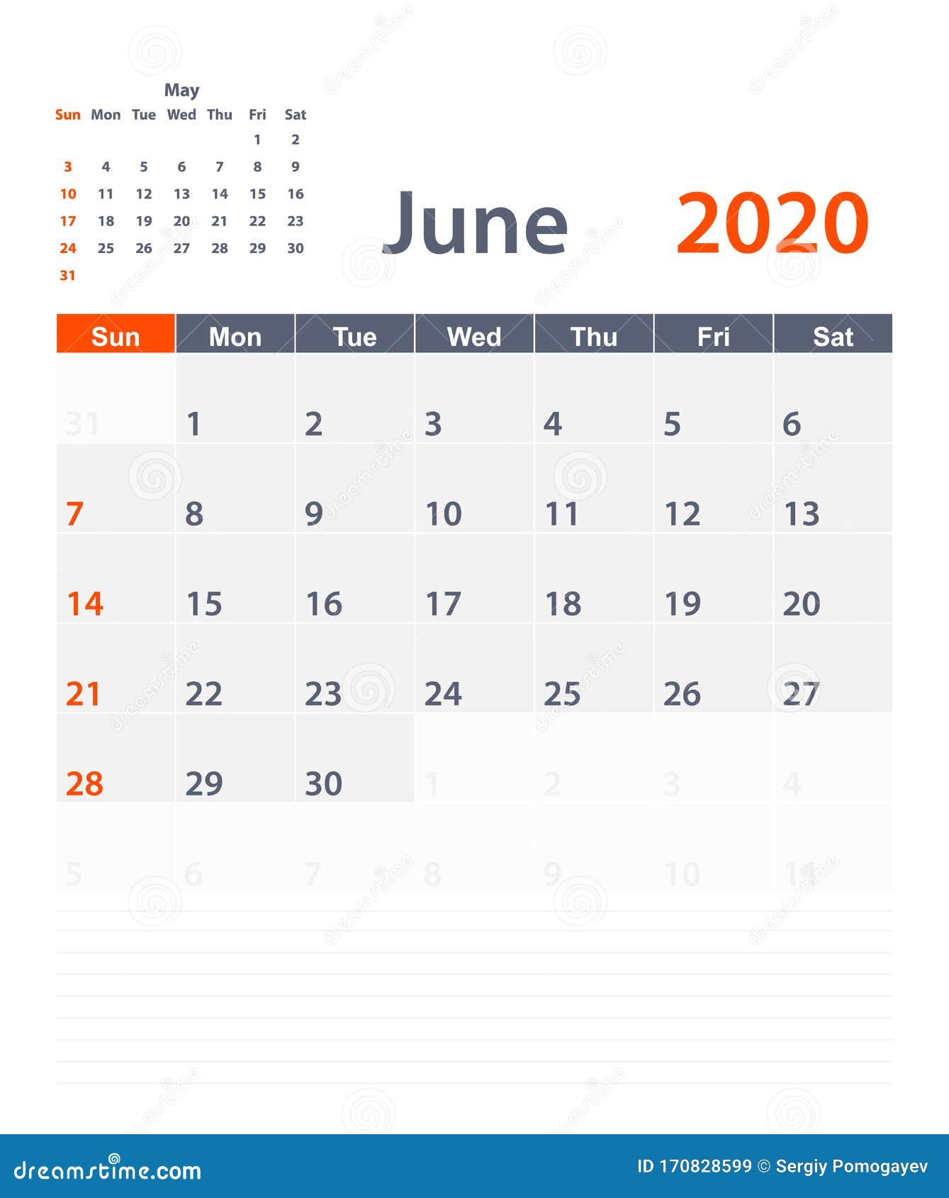 June 2020 Vector Planning Calendar Stock Vector - Illustration of ...