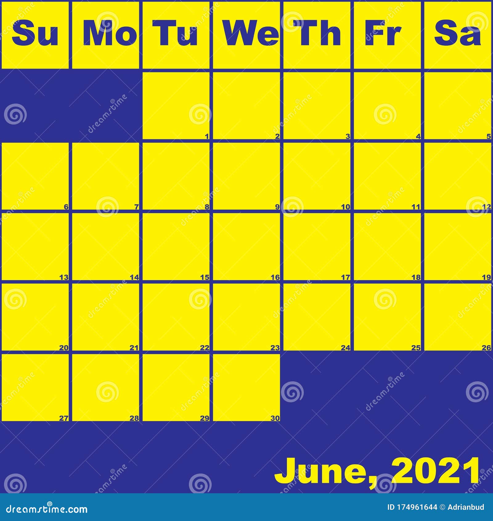 2021 June Yellow on Blue Planner Calendar Stock Vector - Illustration ...