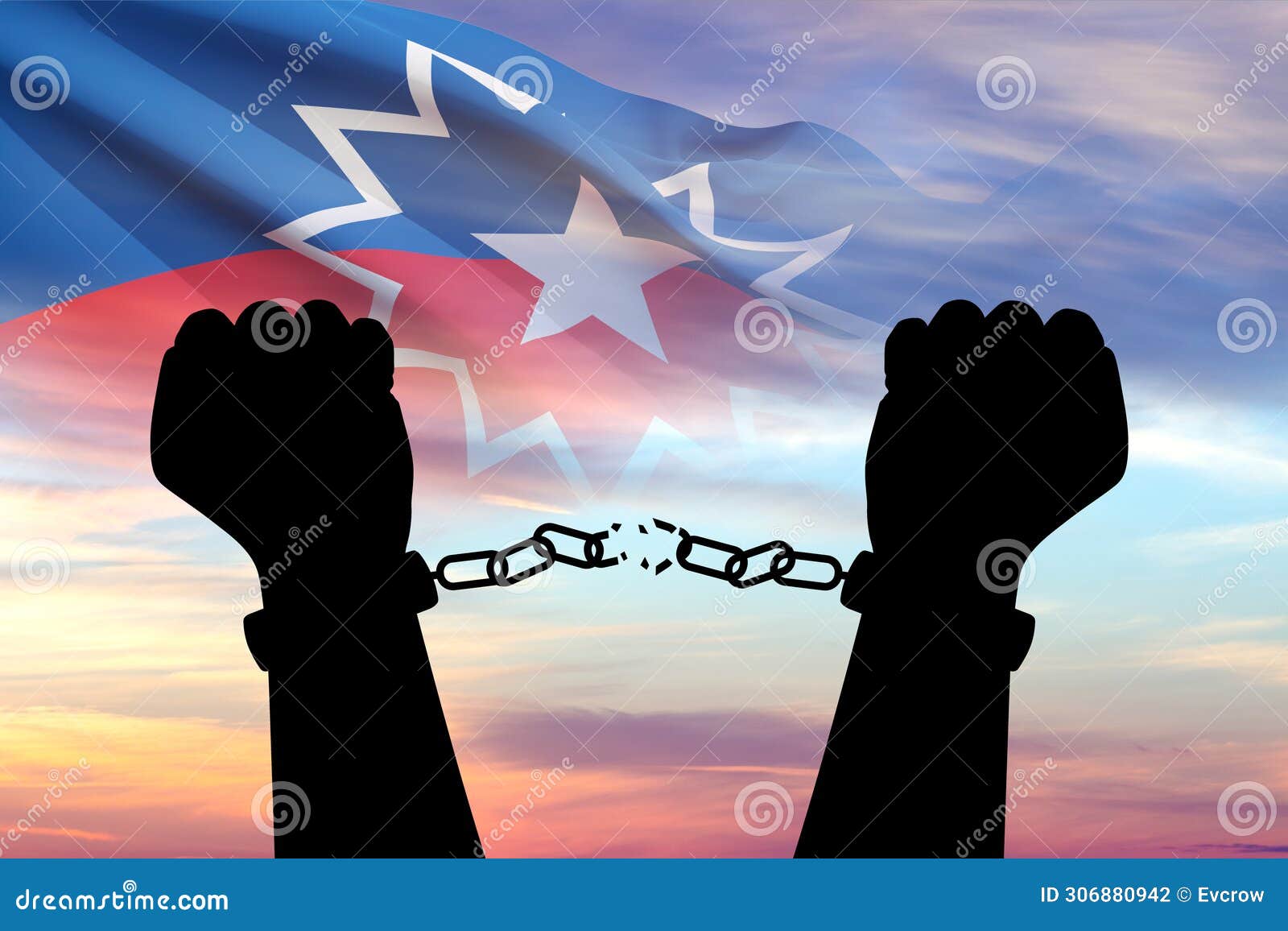 Juneteenth Flag with Hands Chained Against the Sunset Sky Stock ...