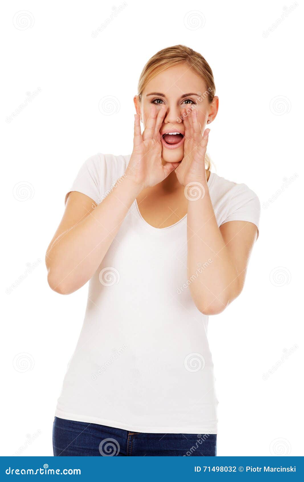 Junge Blondine, Die Jemand Anrufen Stockfoto - Bild von schrei, hören ...