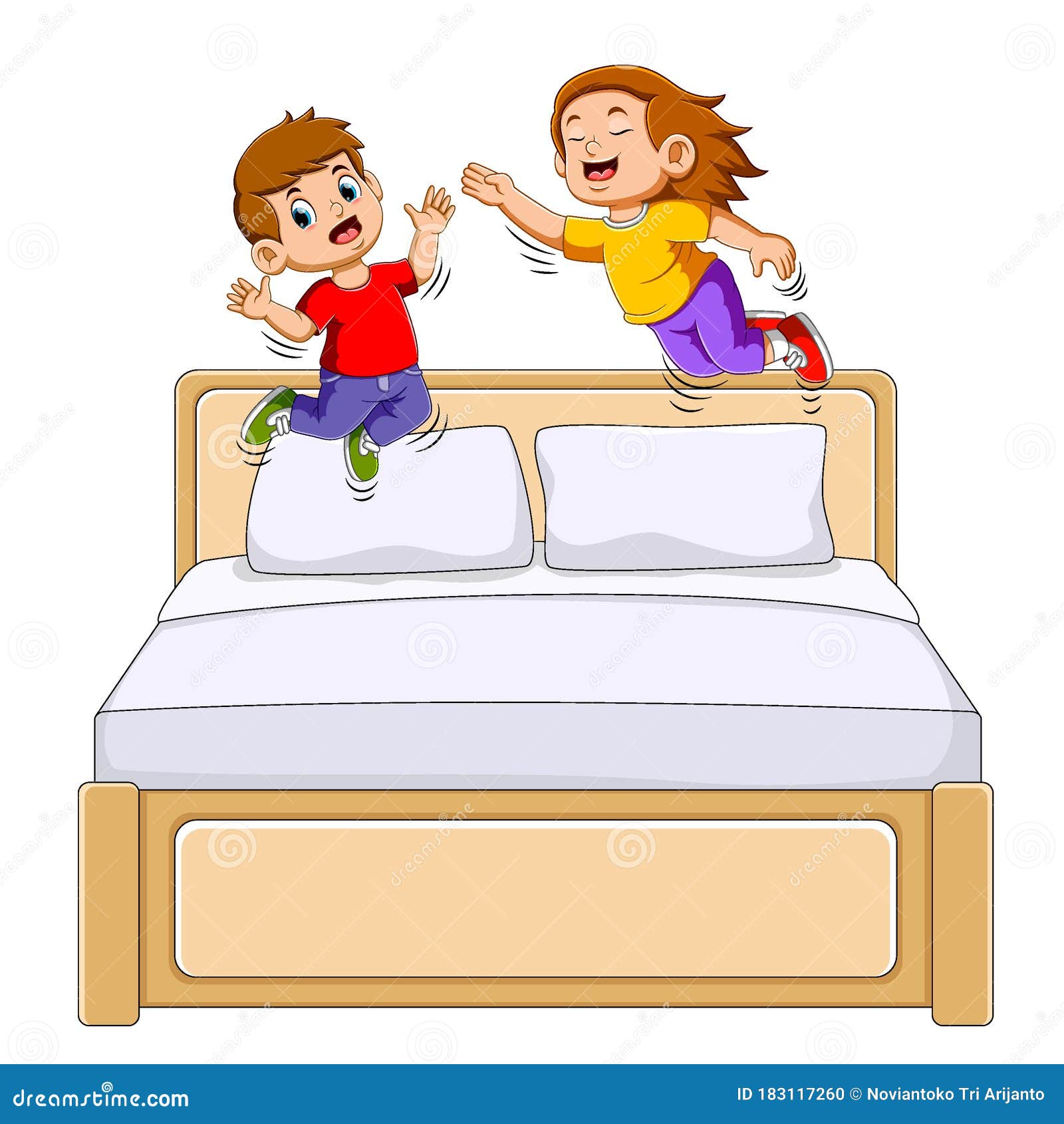 Junge Und Mädchen, Die Auf Das Bett Springen. Vektor Abbildung ...