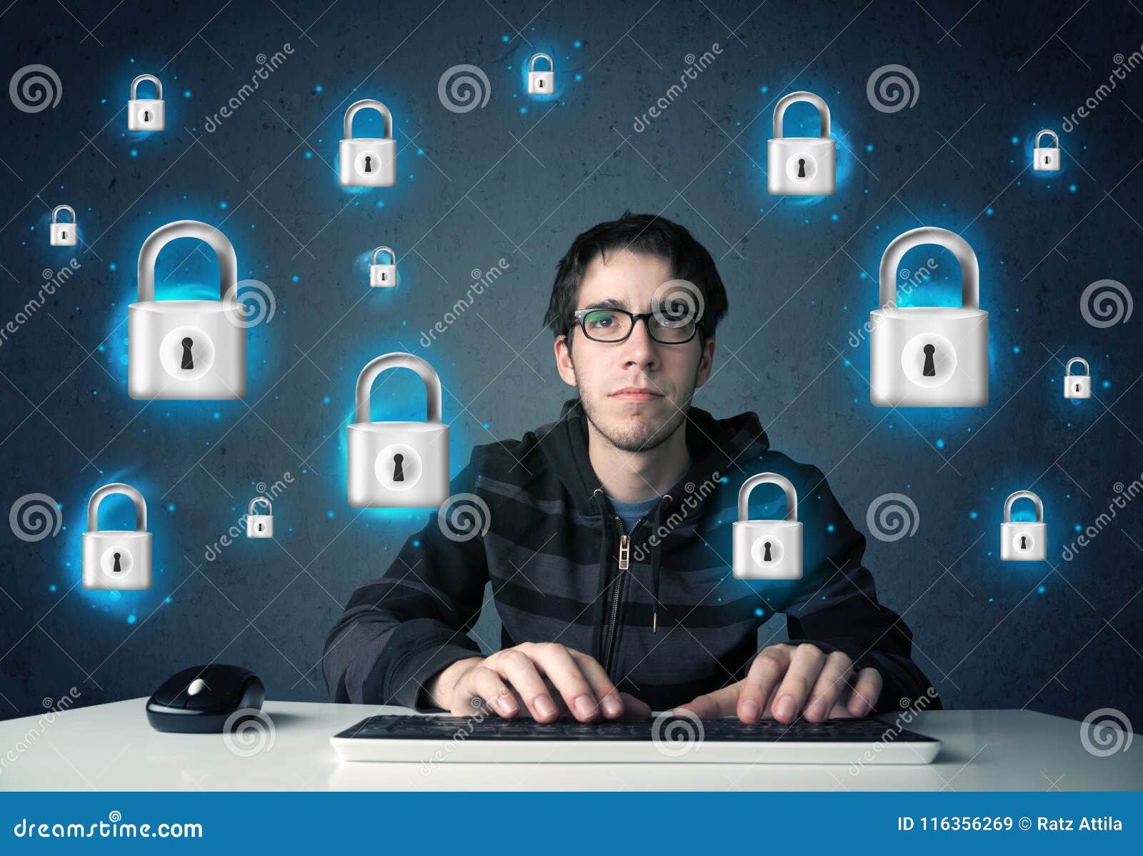 Junger Hacker Mit Virtuellen Verschlusssymbolen Und -ikonen Stockbild ...
