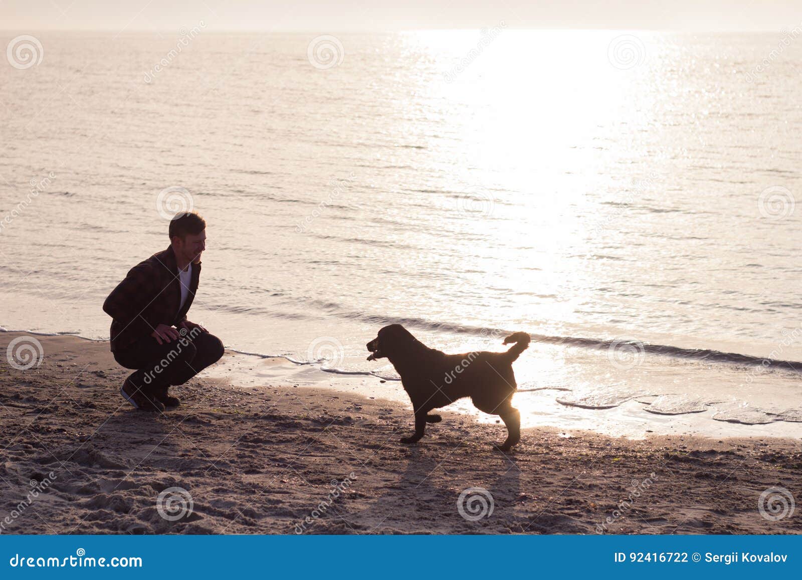 Junger Mann Mit Hund Auf Dem Strand Stockfoto - Bild von aktiv, morgen ...