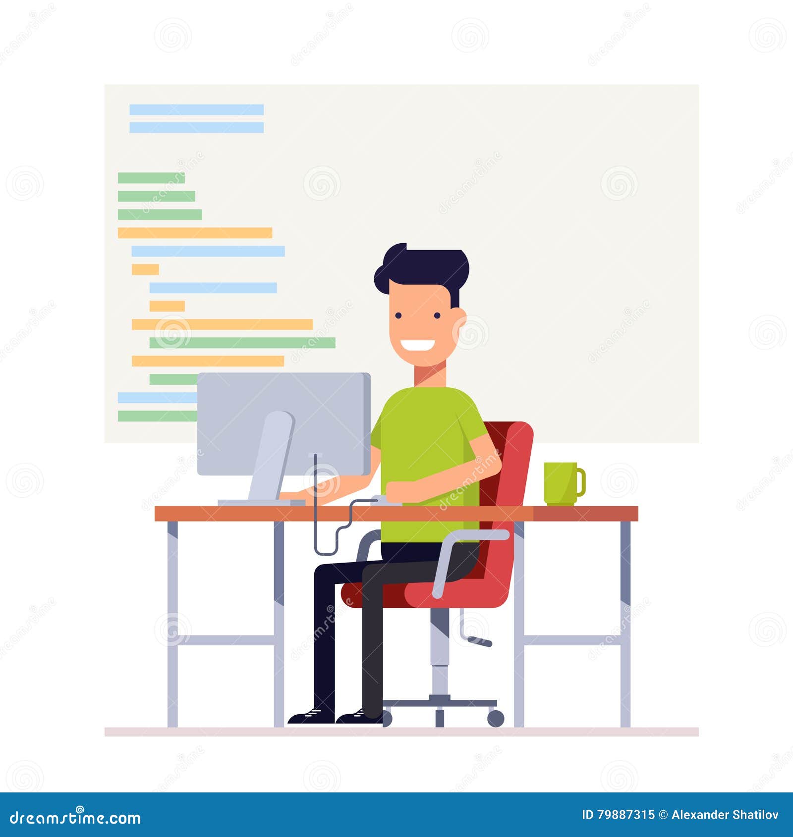 Junger Programmierer Schreibt Code Für Einen Computer Lächelnder Mann, Der am Schreibtisch Sitzt ...