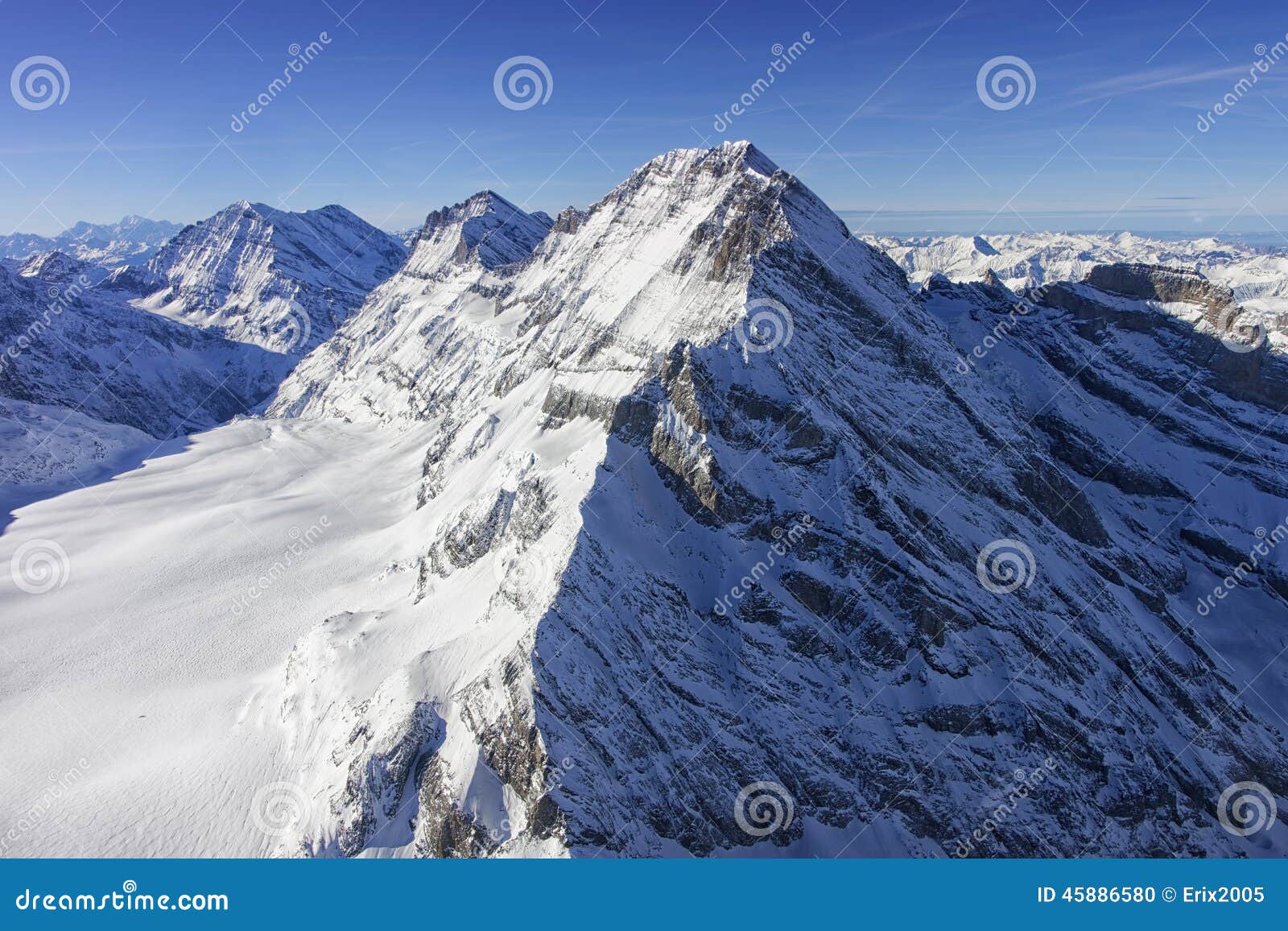 Jungfrau Peak Helicopter View with Snow Flow Stock Photo - Image of ...