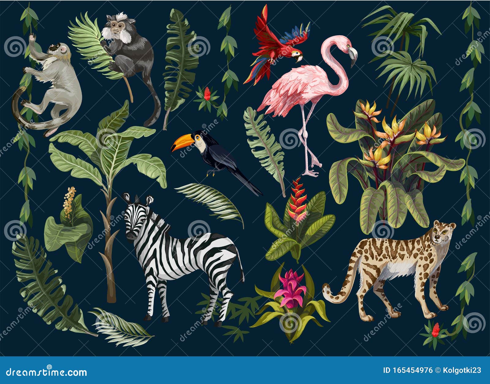 Jungle Animals, Flowers and Trees Isolated. Vector. Stock Vector ... Jungle Animals, Flowers and Trees Isolated. Vector. Stock Vector ...