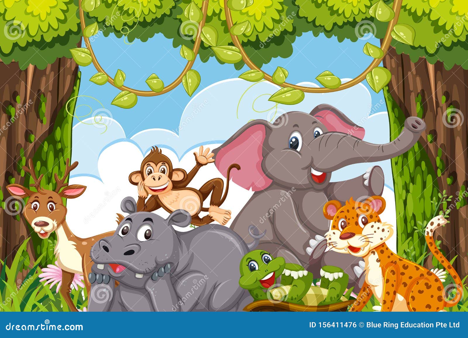 Jungle Animals in a Forest Claring Stock Vector - Illustration of leave ...