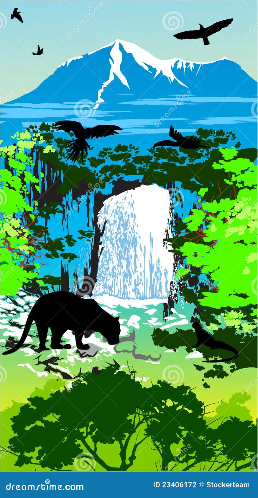 Jungle Animals on the Waterfall and Mountains Stock Illustration ...