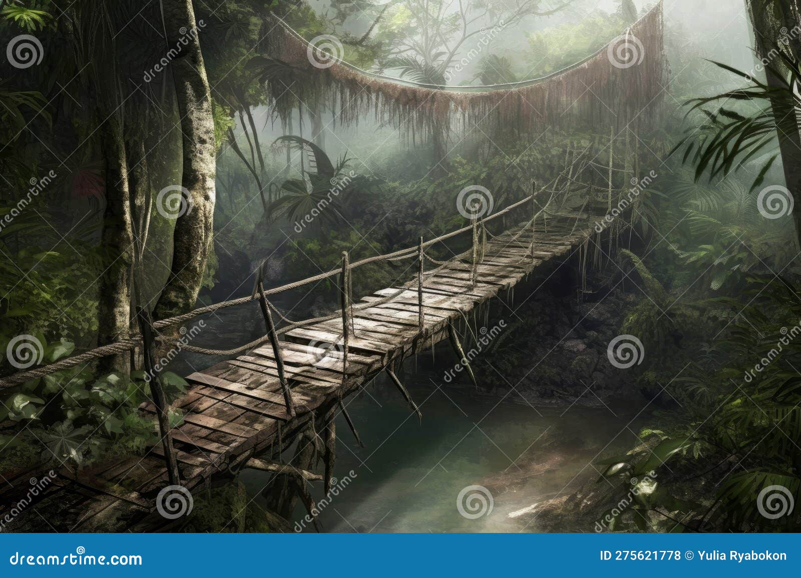 Jungle Bridge after Rain. Generate Ai Stock Illustration - Illustration ...