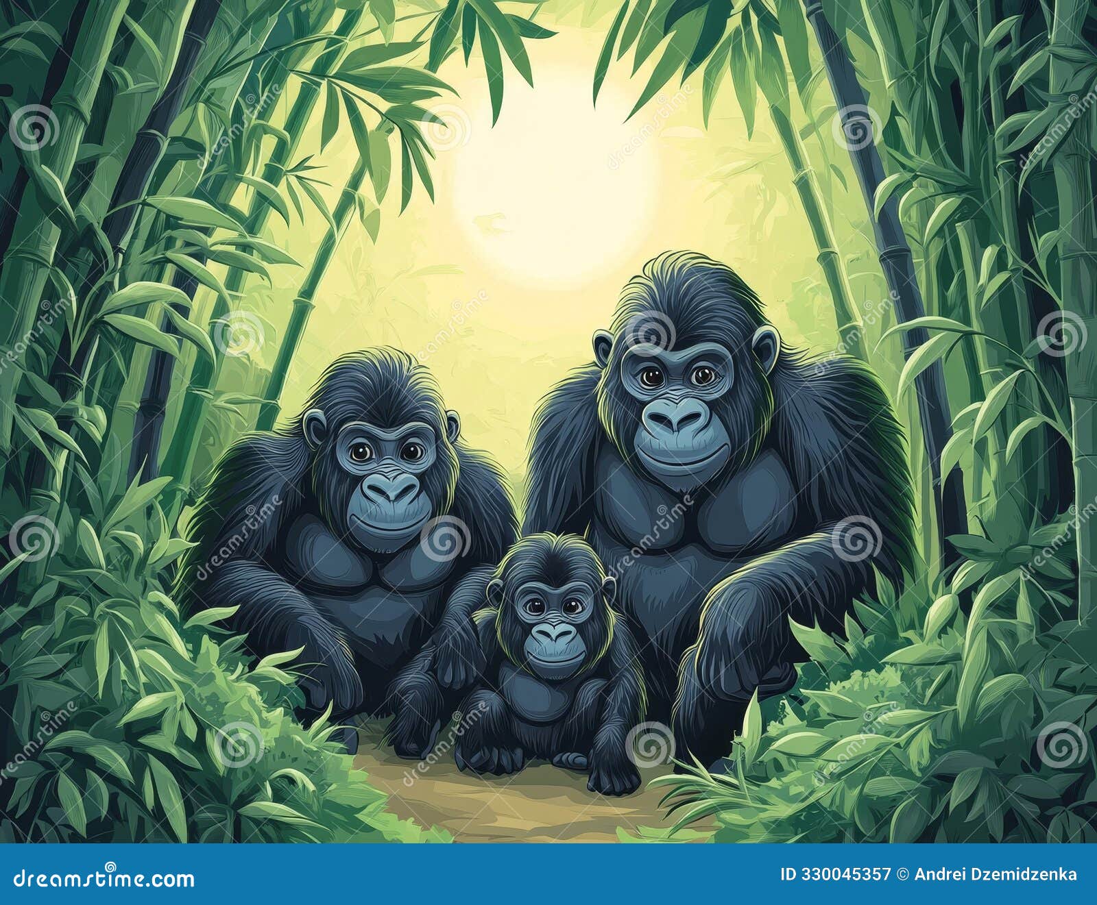 In a Jungle Cartoon, a Gorilla Has a Cub Stock Image - Image of scenery ...