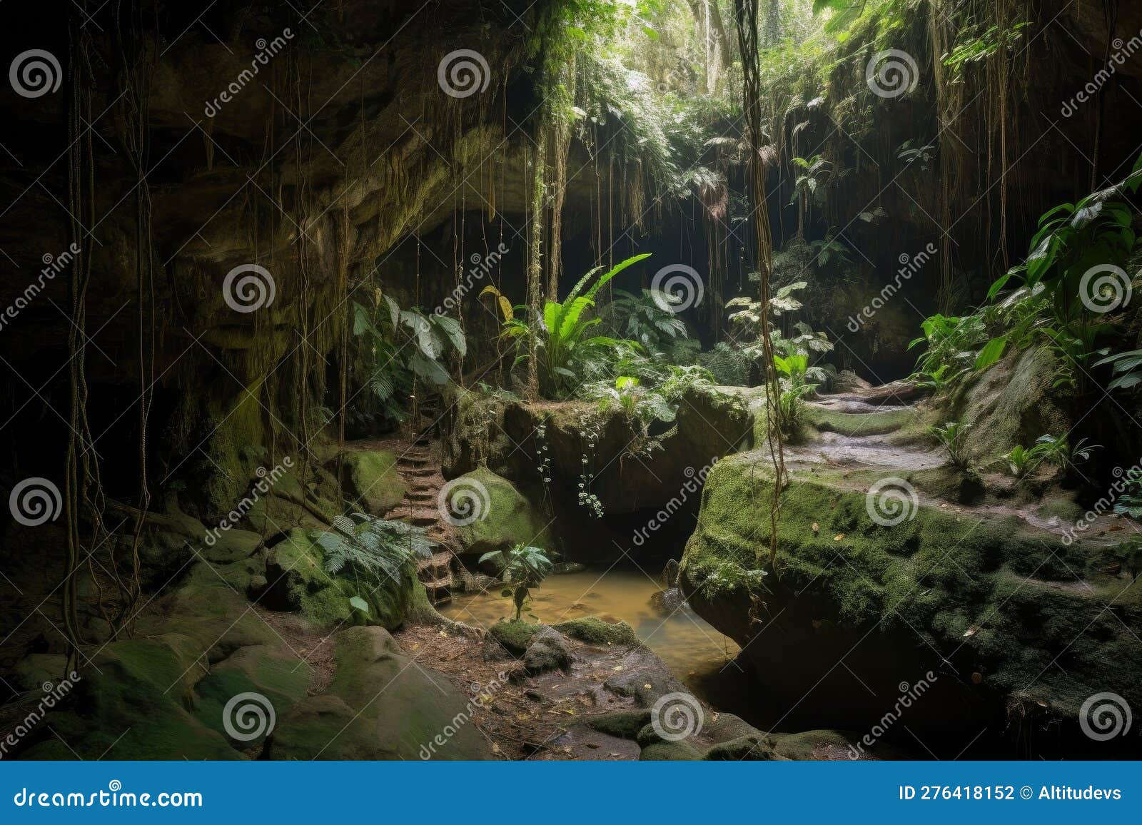 Jungle Cave, with Cascading Waterfall and Hidden Treasure Stock ...