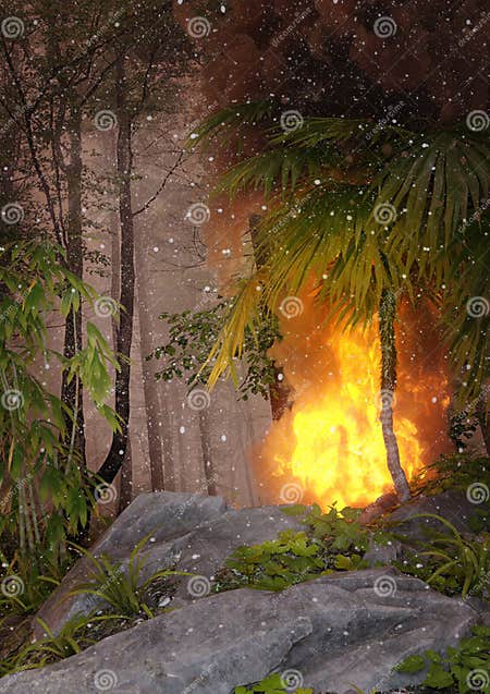 Jungle with a Fire and Ashes Stock Illustration - Illustration of rock ...