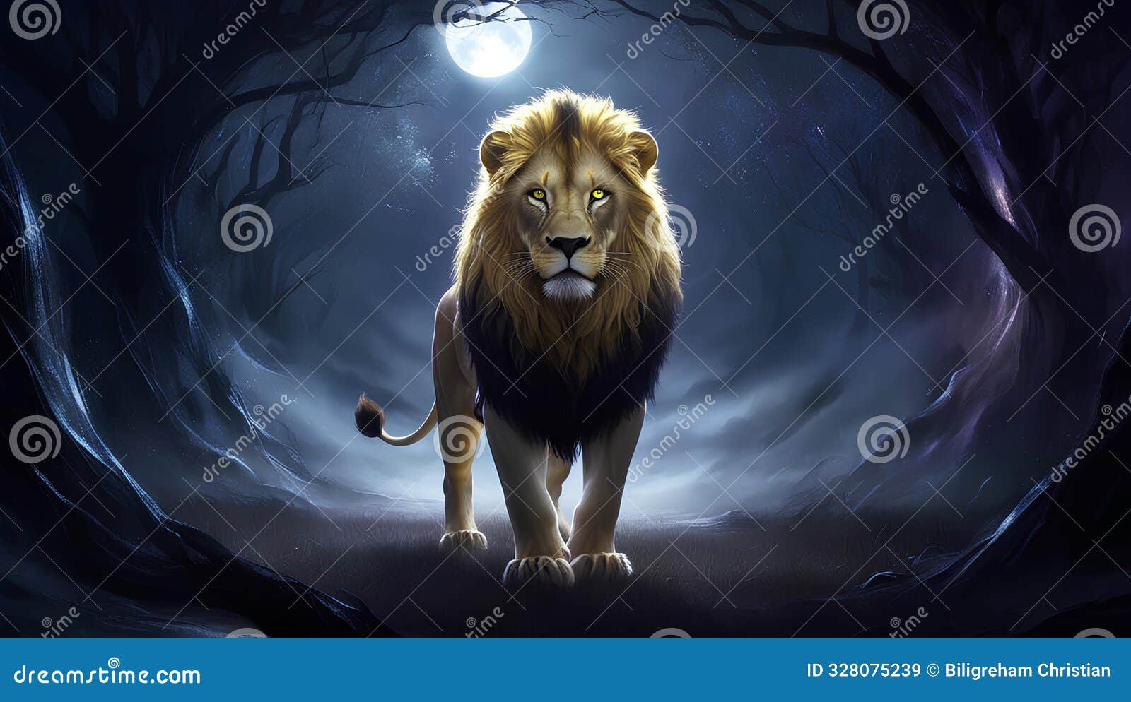 Jungle King a Stunning 3D Render of a Lion in the Moonlight Stock ...