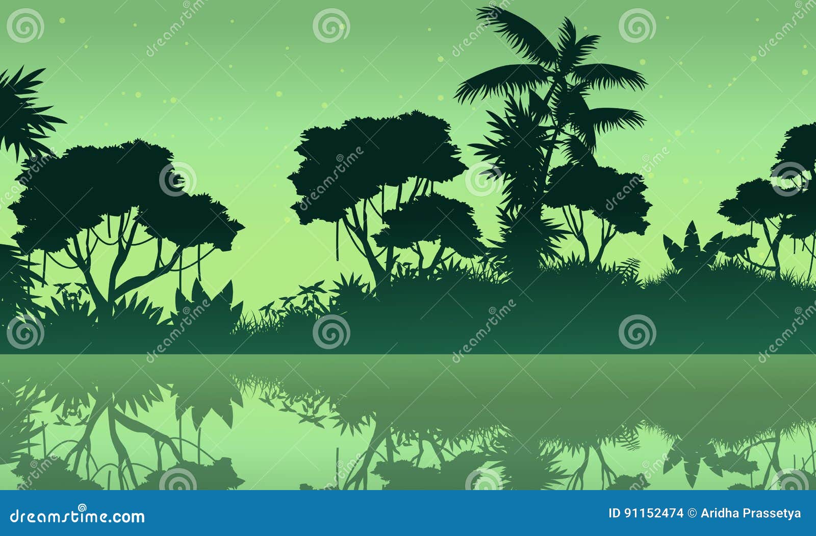 Jungle with Lake Scene of Silhouette Stock Vector - Illustration of ...