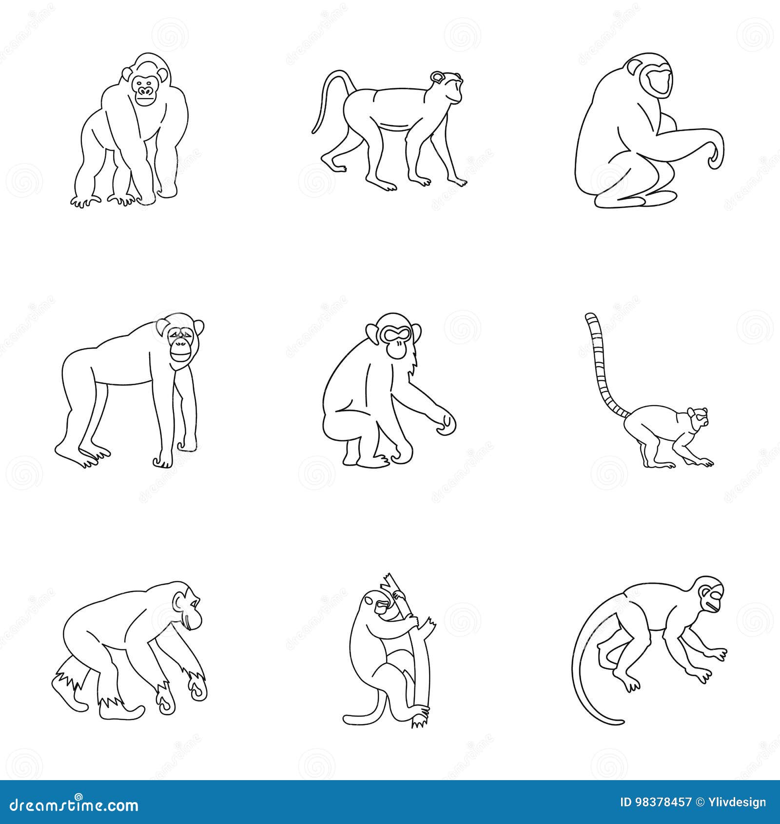 Jungle Monkey Icon Set, Outline Style Stock Vector - Illustration of ...