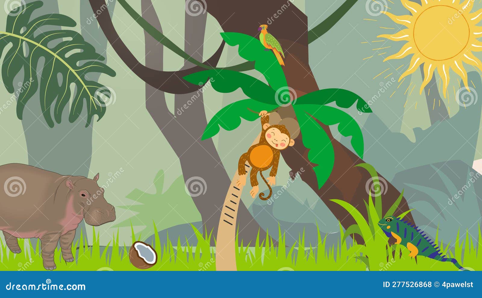 Jungle with a Palm Tree, Hippo, Monkey and Parrot Stock Illustration ...