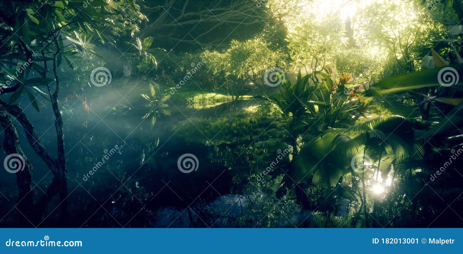 Jungle Paradise Concept. Deep and Dense Rainforest Vegetation with Pond ...