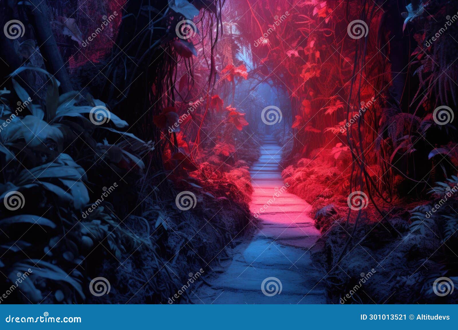 A Jungle Path Under Infrared Light, Lined with Thick Vegetation Stock ...