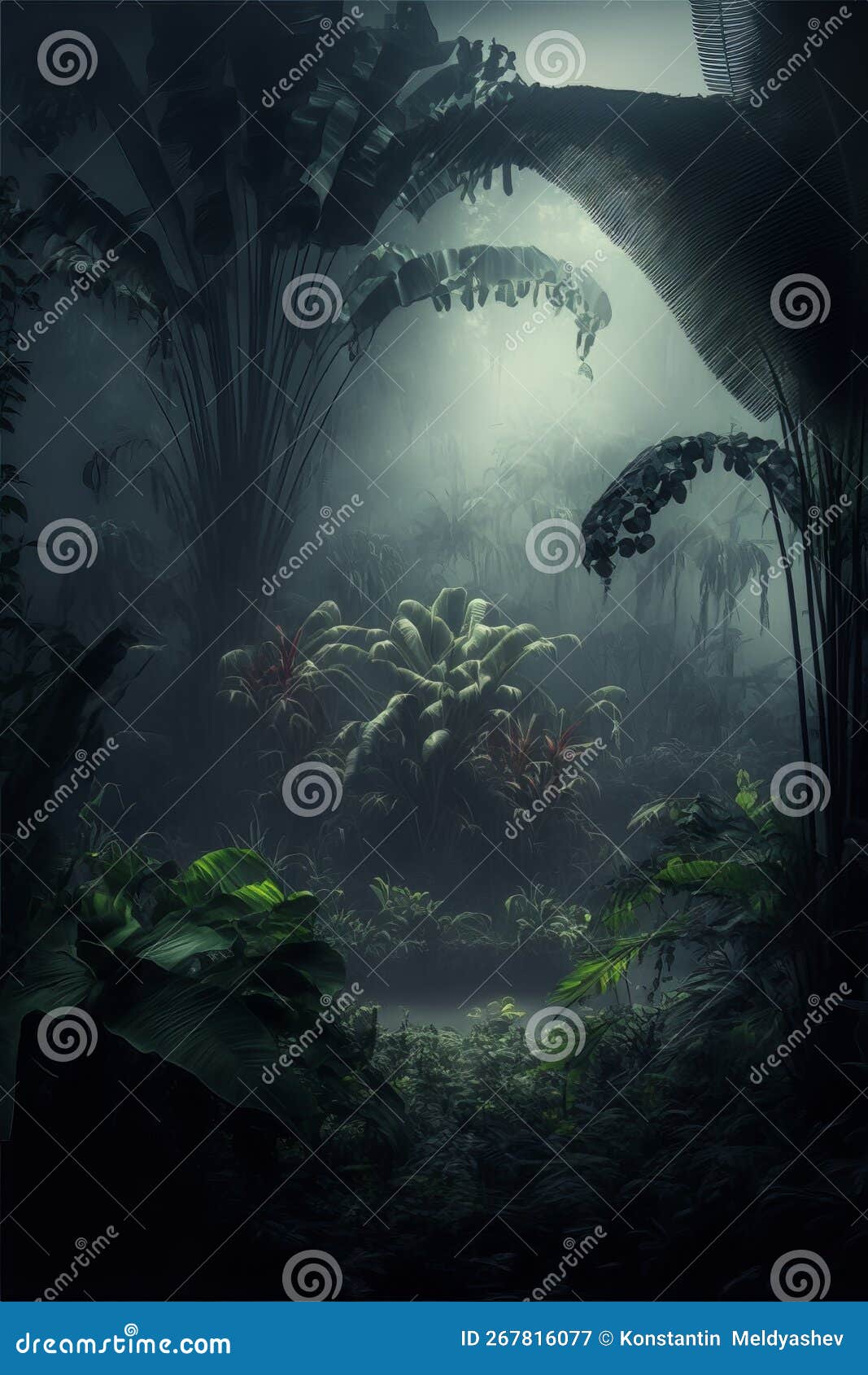 A Jungle River Shrouded in Mist, with Exotic Animals and Plants. Stock ...
