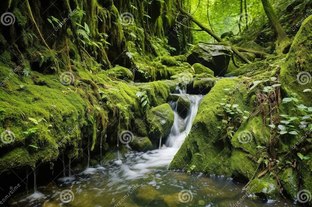 Jungle River Stream Cascading from a Moss-covered Cliff Stock Image ...