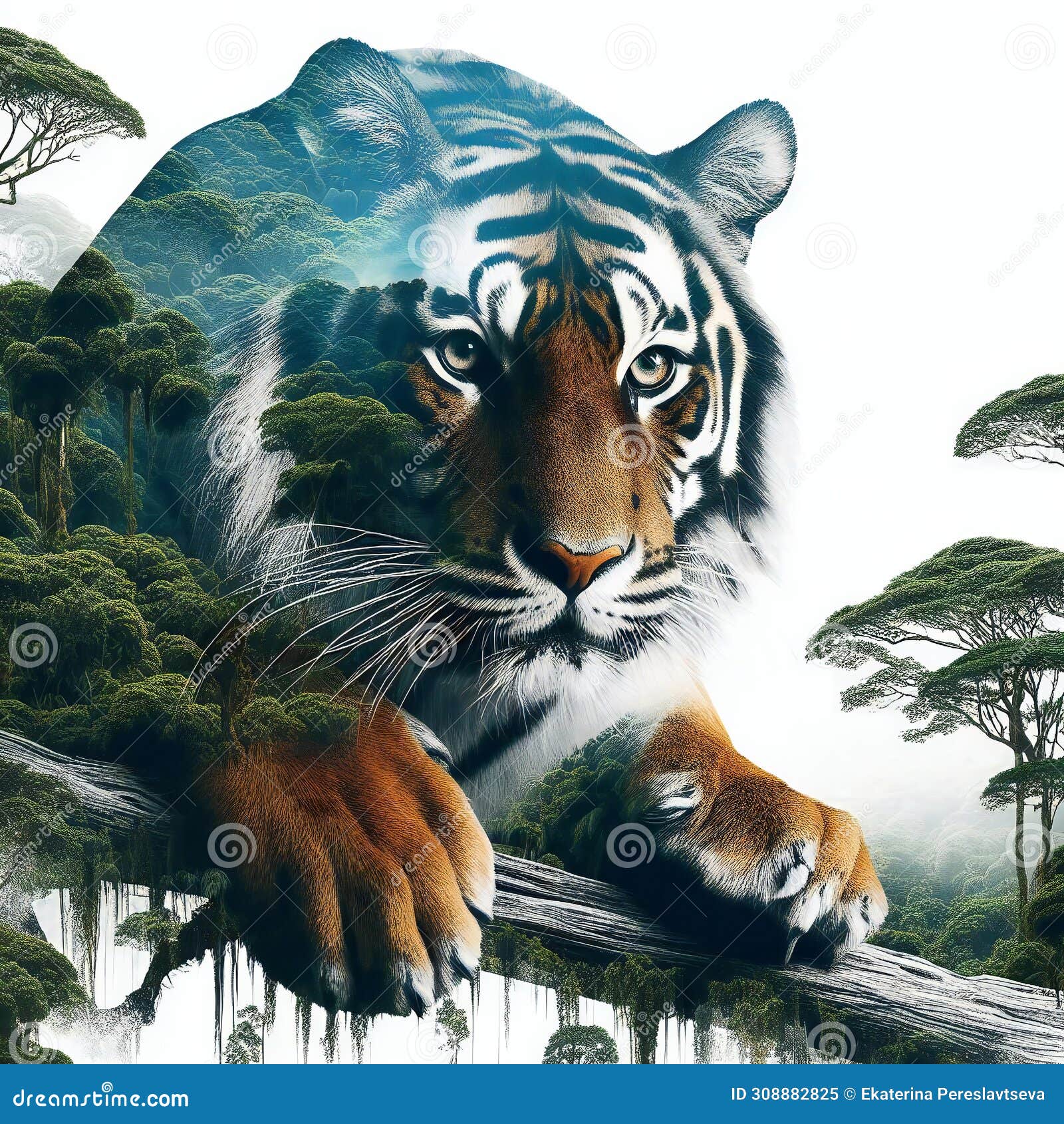 Jungle Roar Tiger in Double Exposure Wilderness and Jungle on a White ...