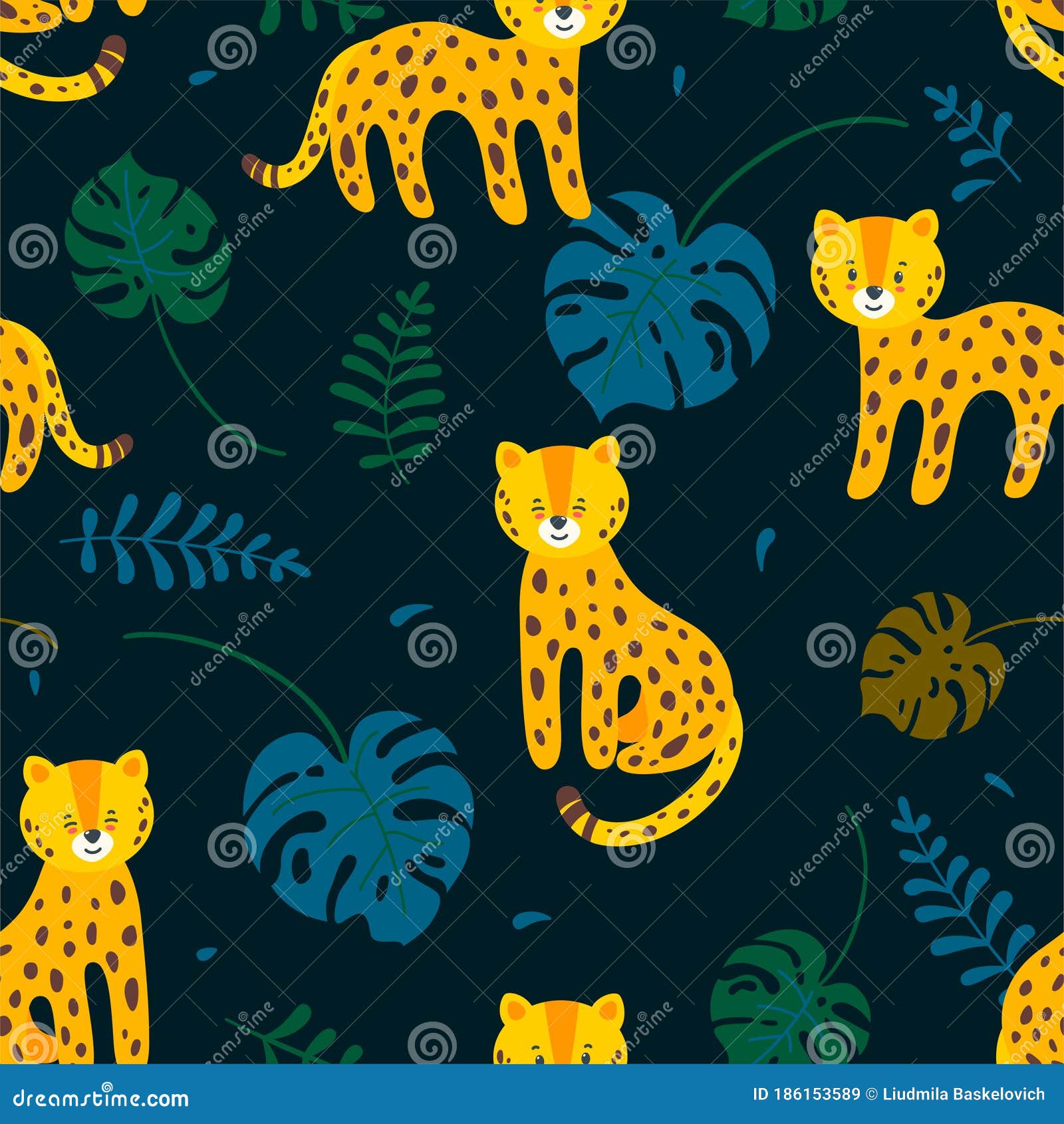 Jungle Seamless Pattern with Leopards and Leaves. Vector Illustration ...