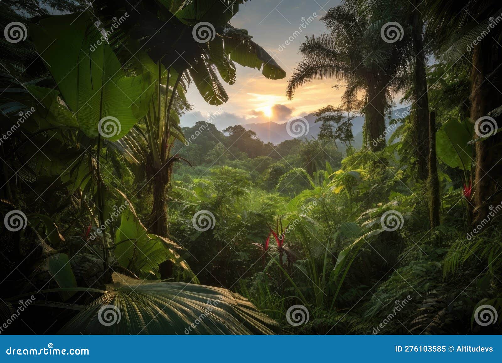 Jungle, with View of the Sun Setting Behind a Range of Mountains Stock ...