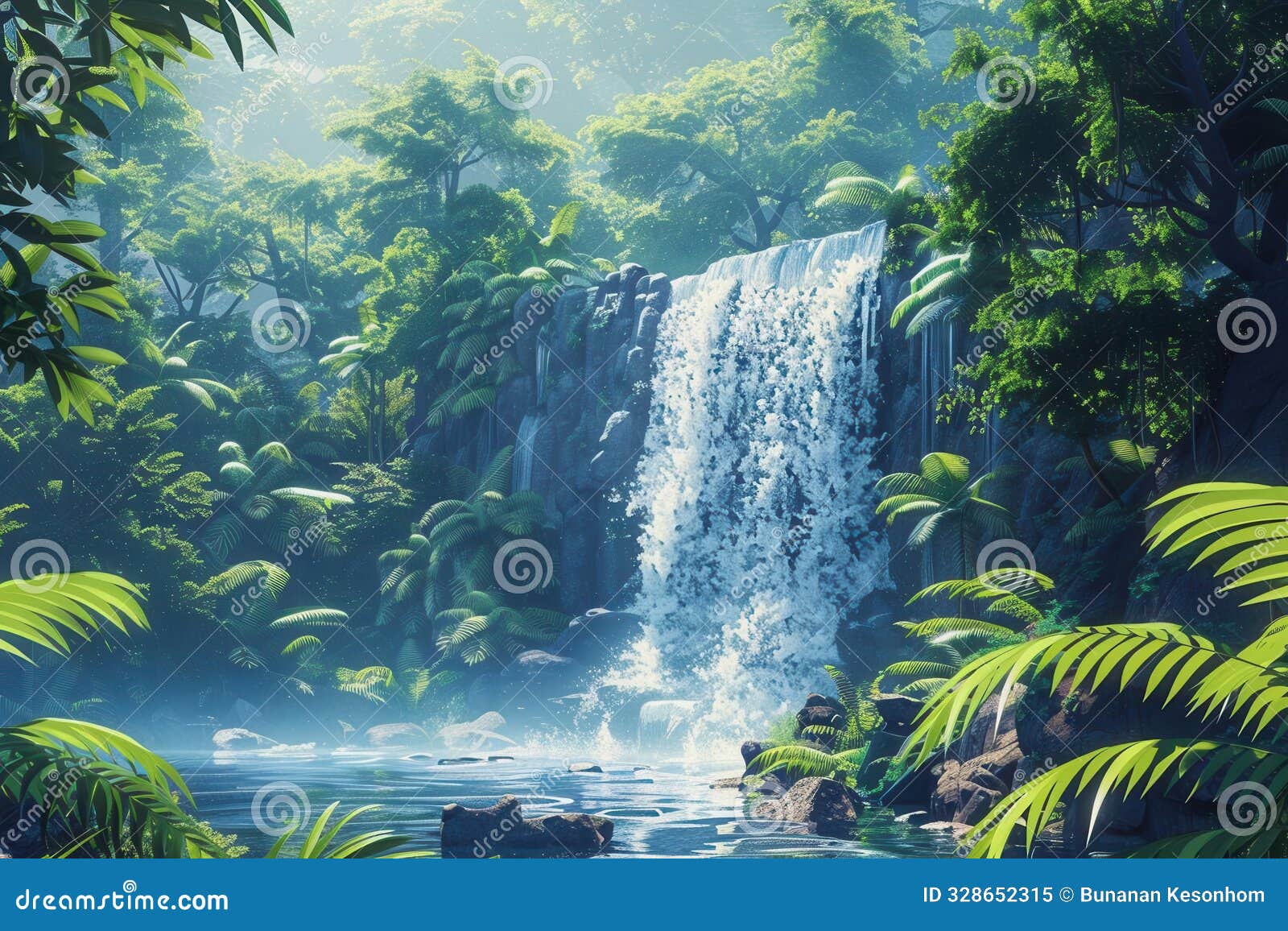 Jungle Waterfall Flat Design Front View Tropical Rainforest Theme Pixel ...