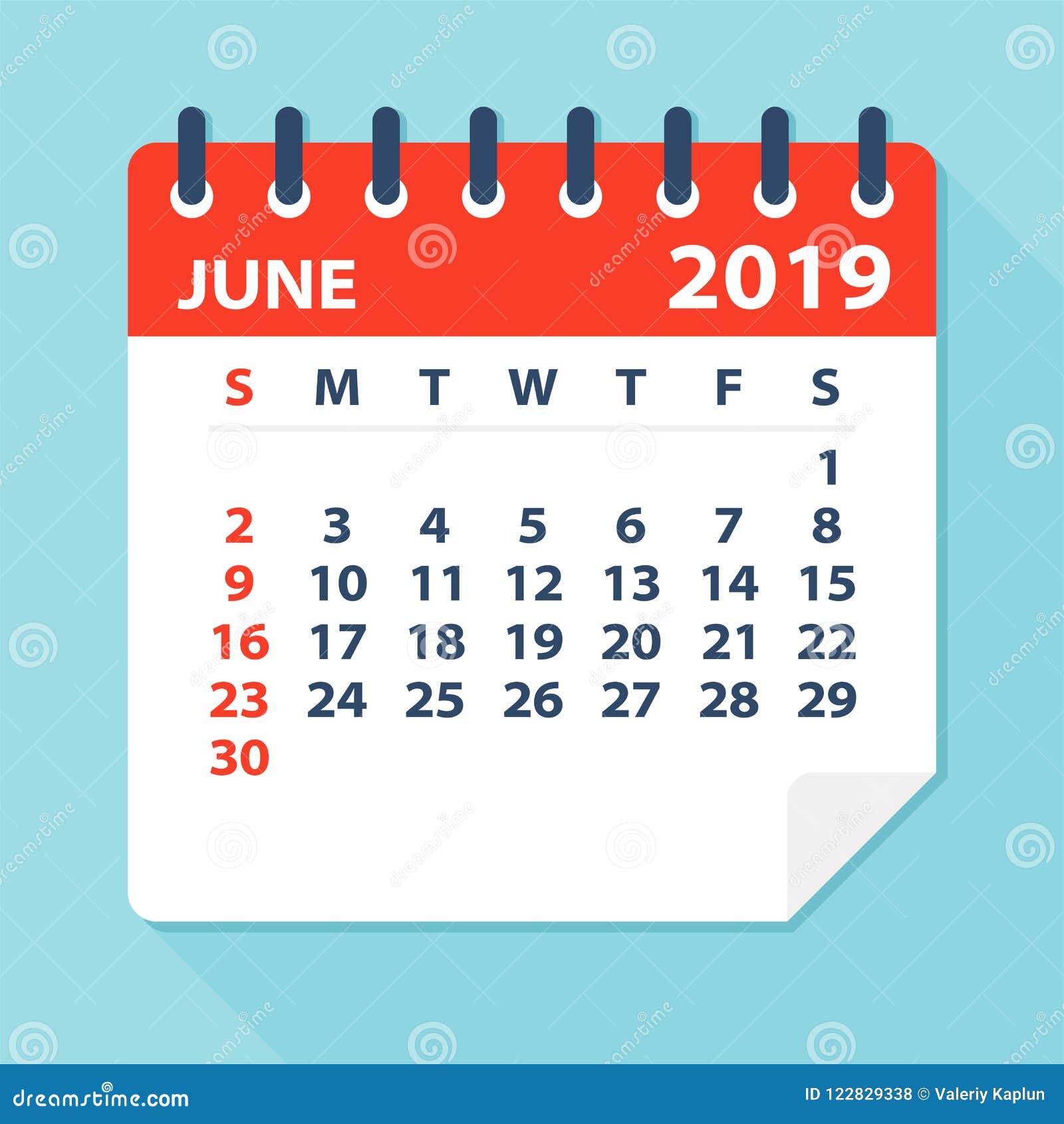 Juni 2019 Kalender-Blatt - Vektor-Illustration Stock Abbildung ...