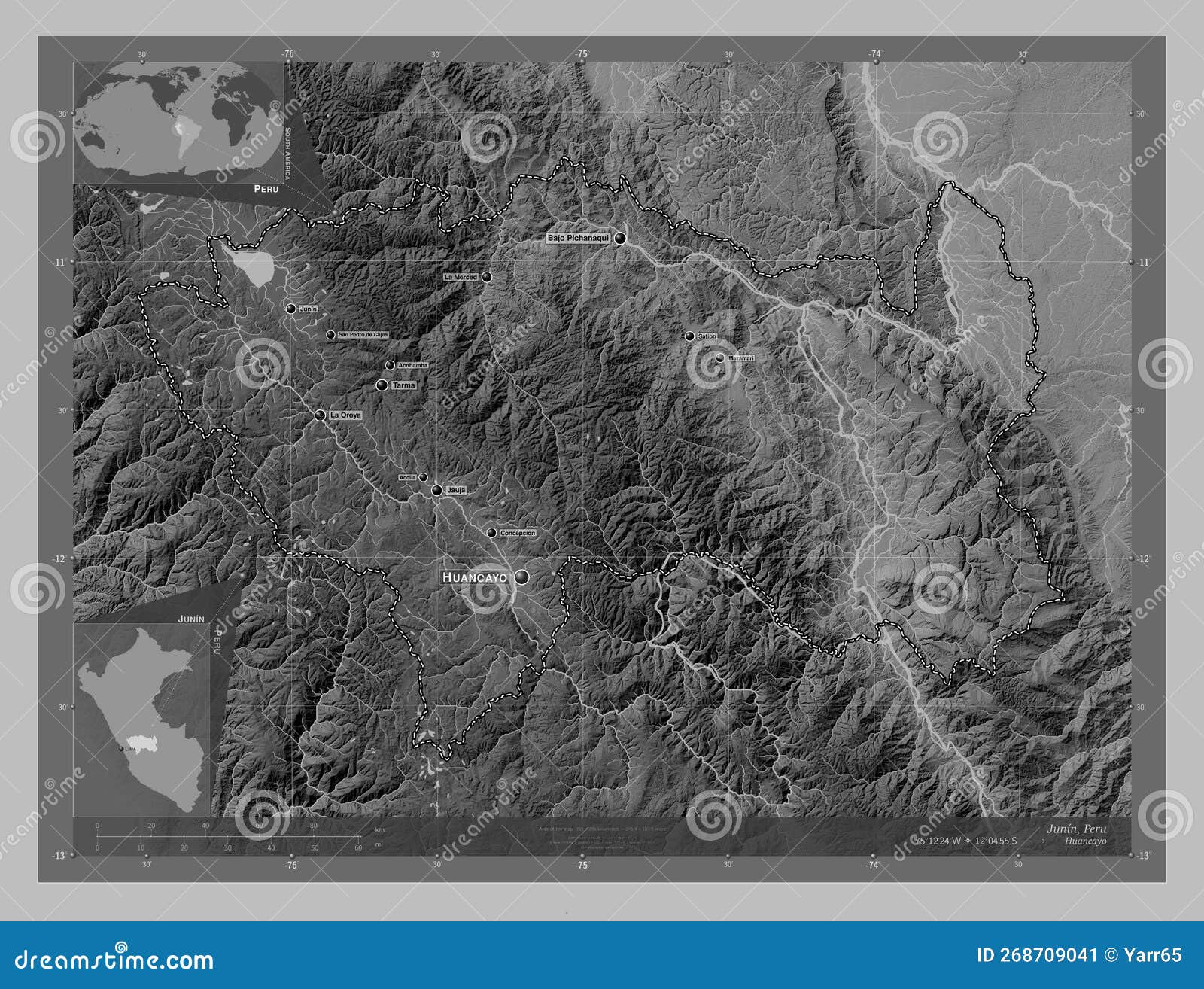 Junin, Peru. Grayscale. Labelled Points of Cities Stock Illustration ...