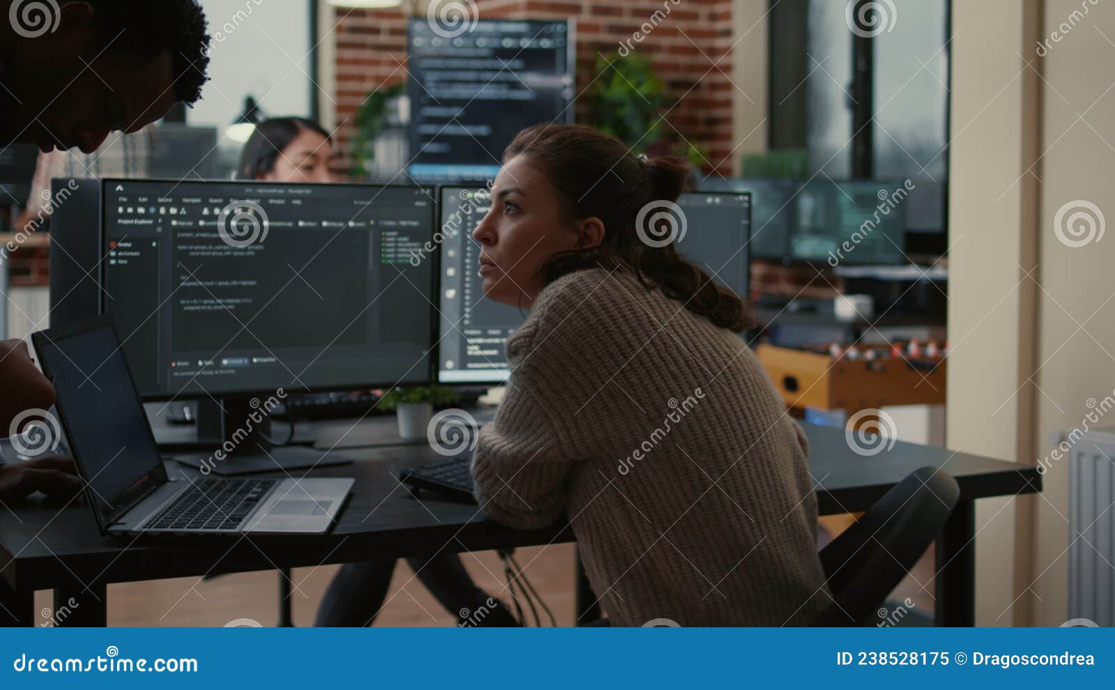 Junior Developer Putting Laptop with Source Code on Senior Dev Desk ...
