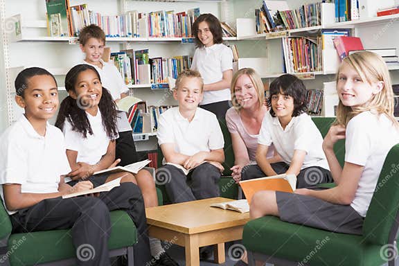 Junior School Students Working in a Library Stock Photo - Image of ...
