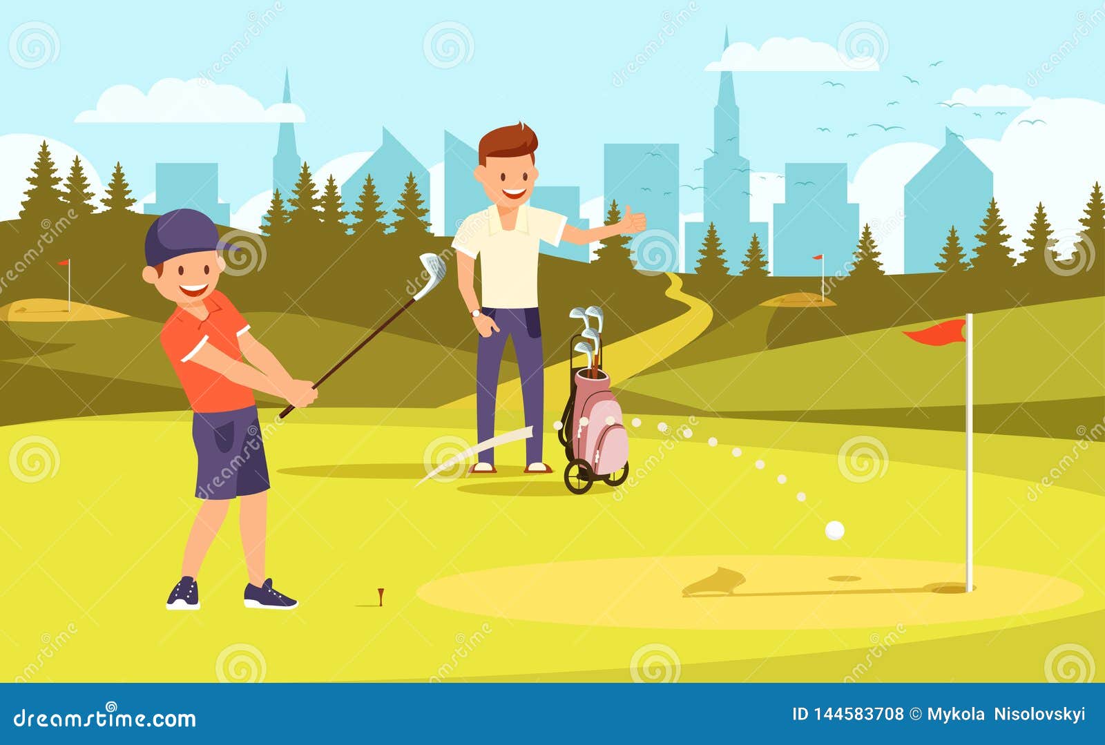 Junior Sporty Golfer Practicing on Driving Range Stock Illustration ...