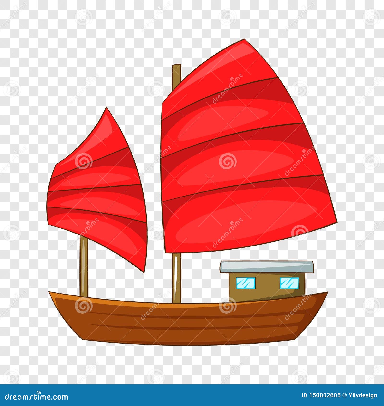 Junk Boat with Red Sails Icon, Cartoon Style Stock Vector ...