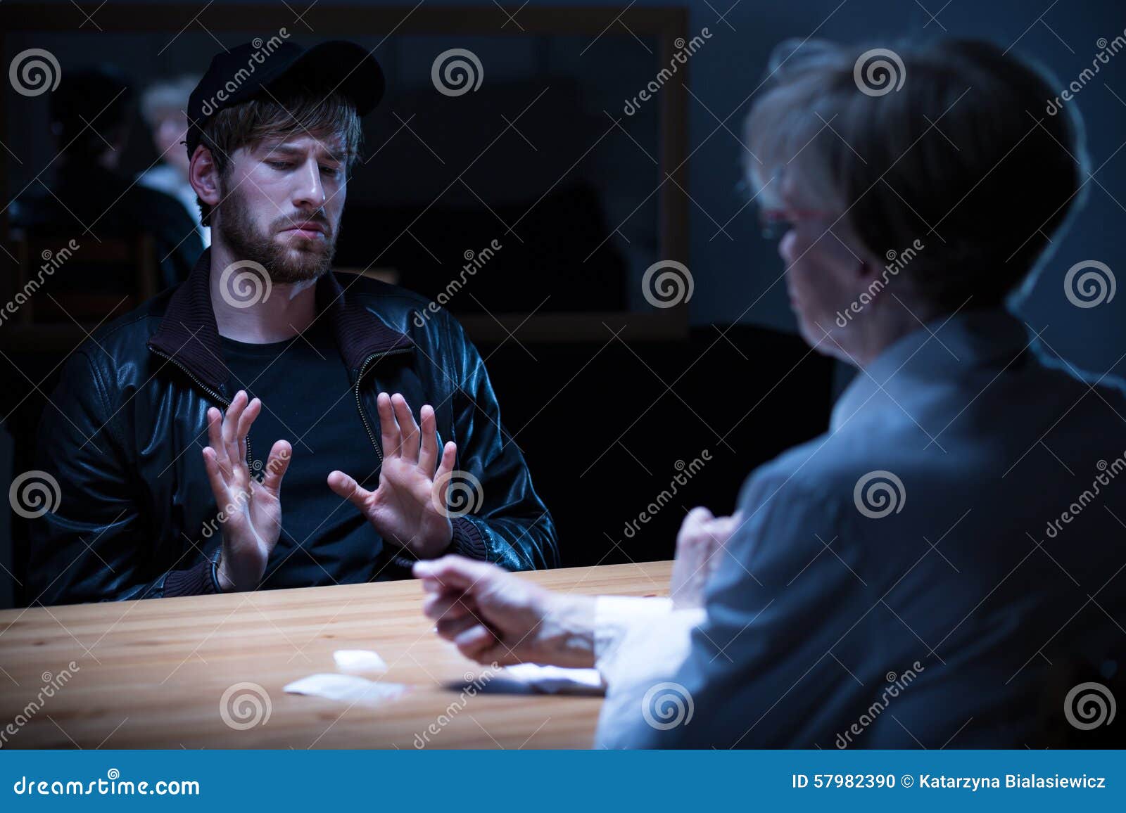 Junkie Man Interrogated by Policewoman Stock Photo - Image of illegal ...
