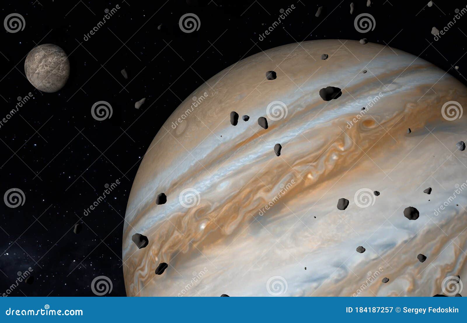 Jupiter and Its Moons and Asteroids. 3D Illustration Stock Illustration ...