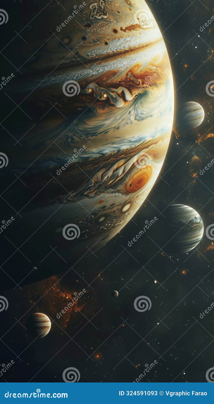 Jupiter with Its Moons in Outer Space, Vast Cosmic View. Astronomy and ...