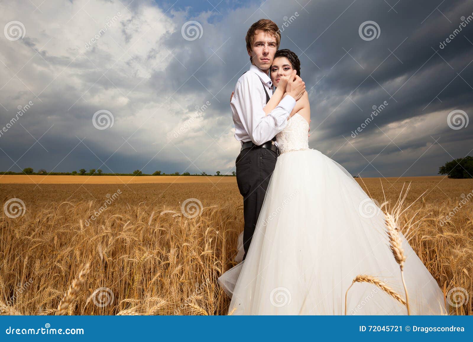 Just Married. Bride and Groom in Wheat Field with Dramamtic Sky Stock ...