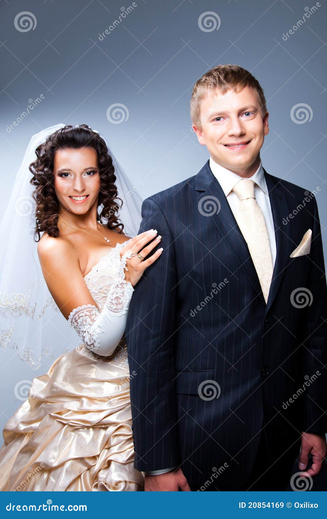 Just Married Groom and Bride on Blue Stock Image - Image of husband ...