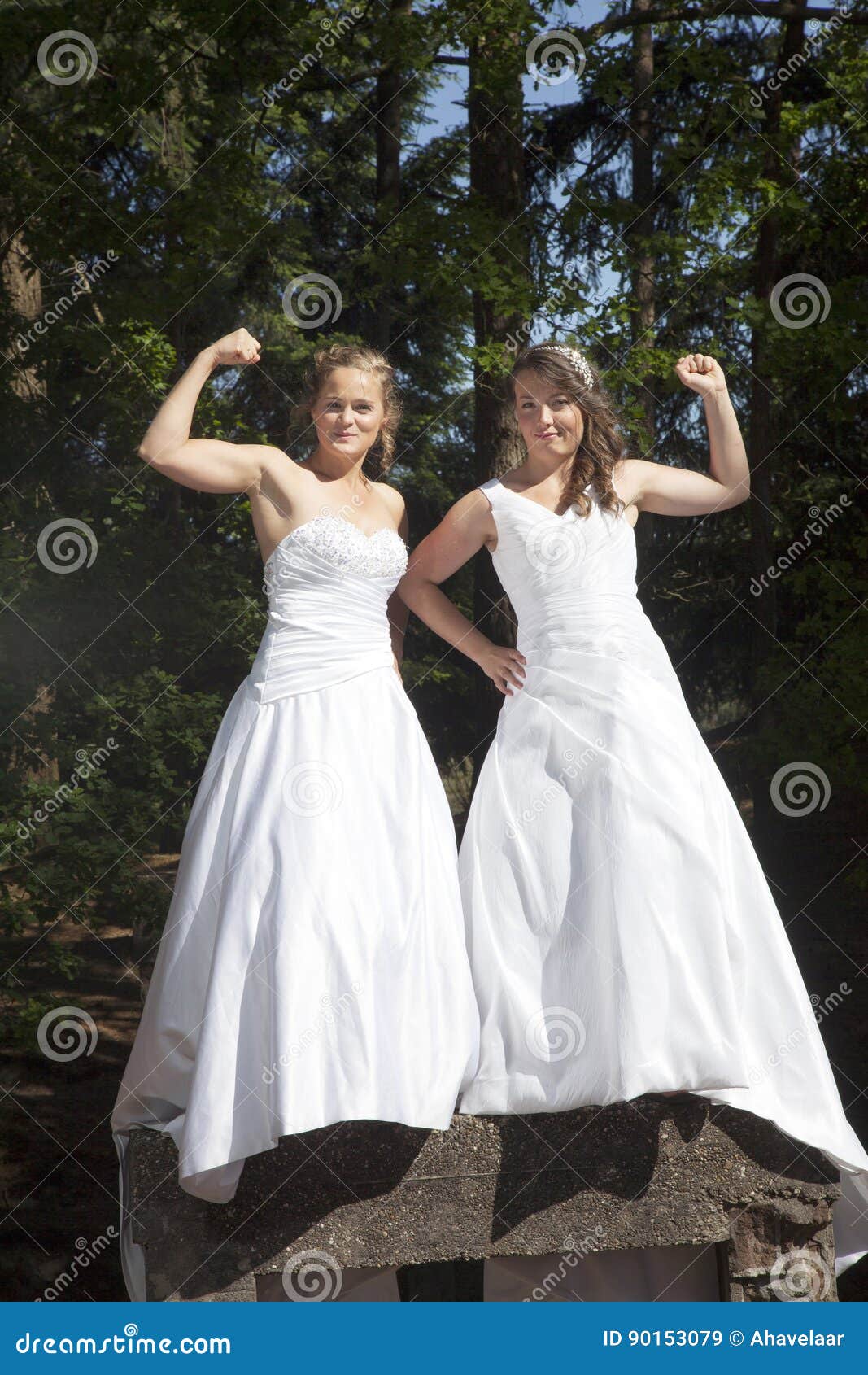 Just Married Happy Lesbian Couple In White Dress Close Together Stock