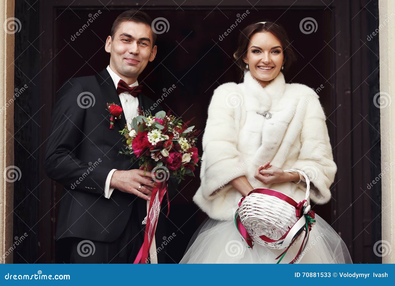 Just Married Having Fun while Throwing Sweets To the Crowd in Th Stock ...