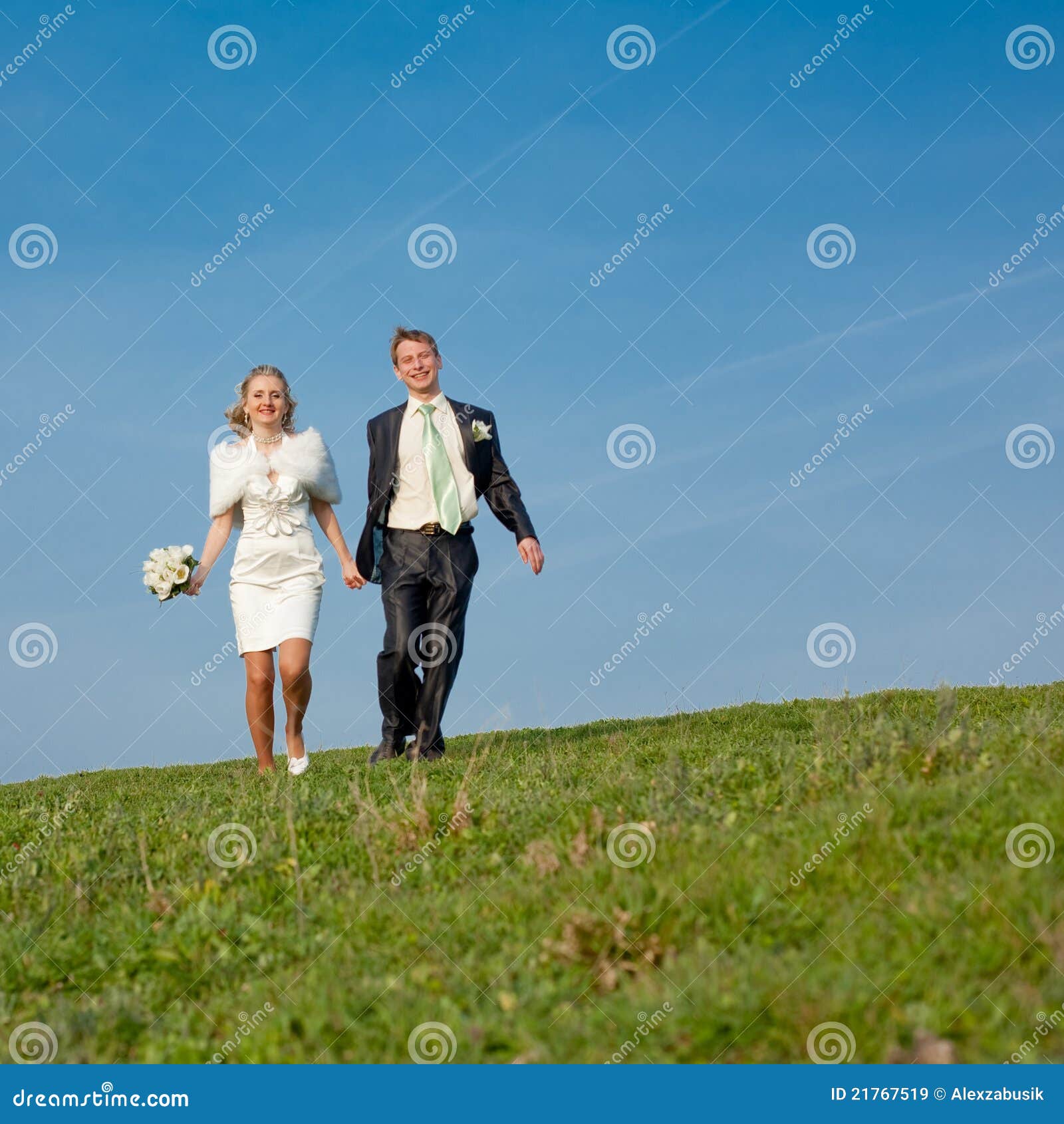 Just Married Running Along the Field Stock Image - Image of running ...