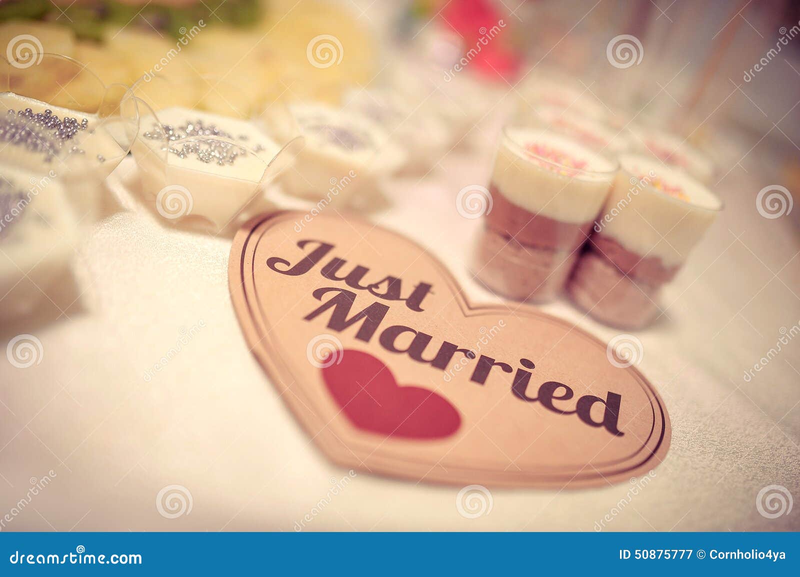 Just Married Sign on a Wedding Candy Table Stock Image - Image of love ...
