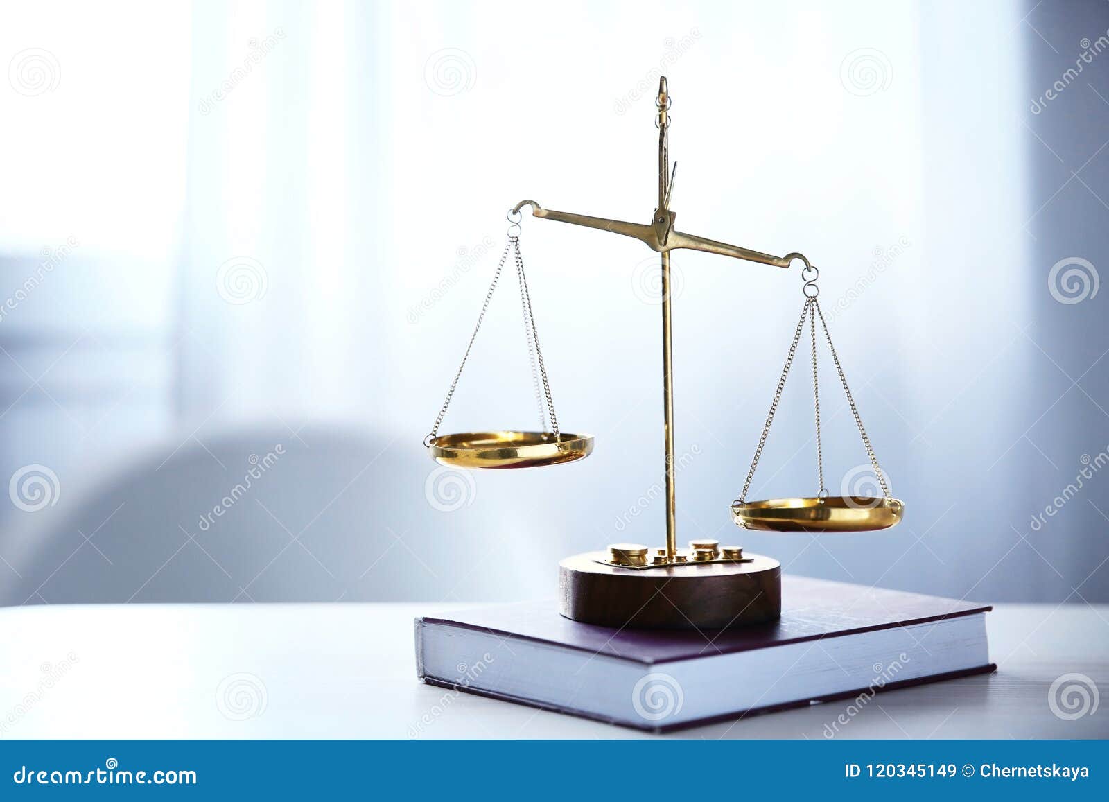 Justice Scales and Book on Table in Room Stock Image - Image of jury ...