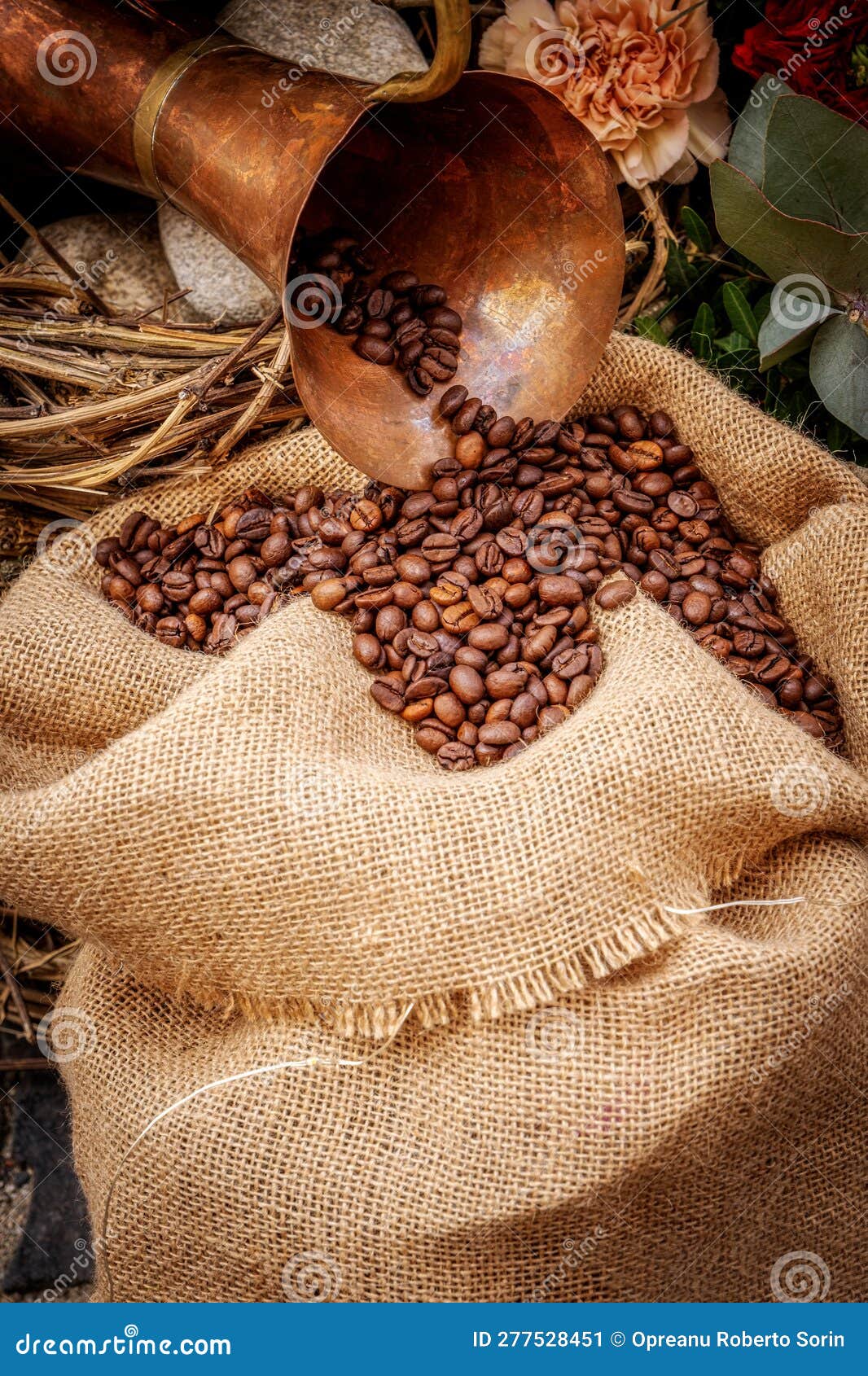 Jute bag with coffee beans stock image. Image of canvas - 277528451